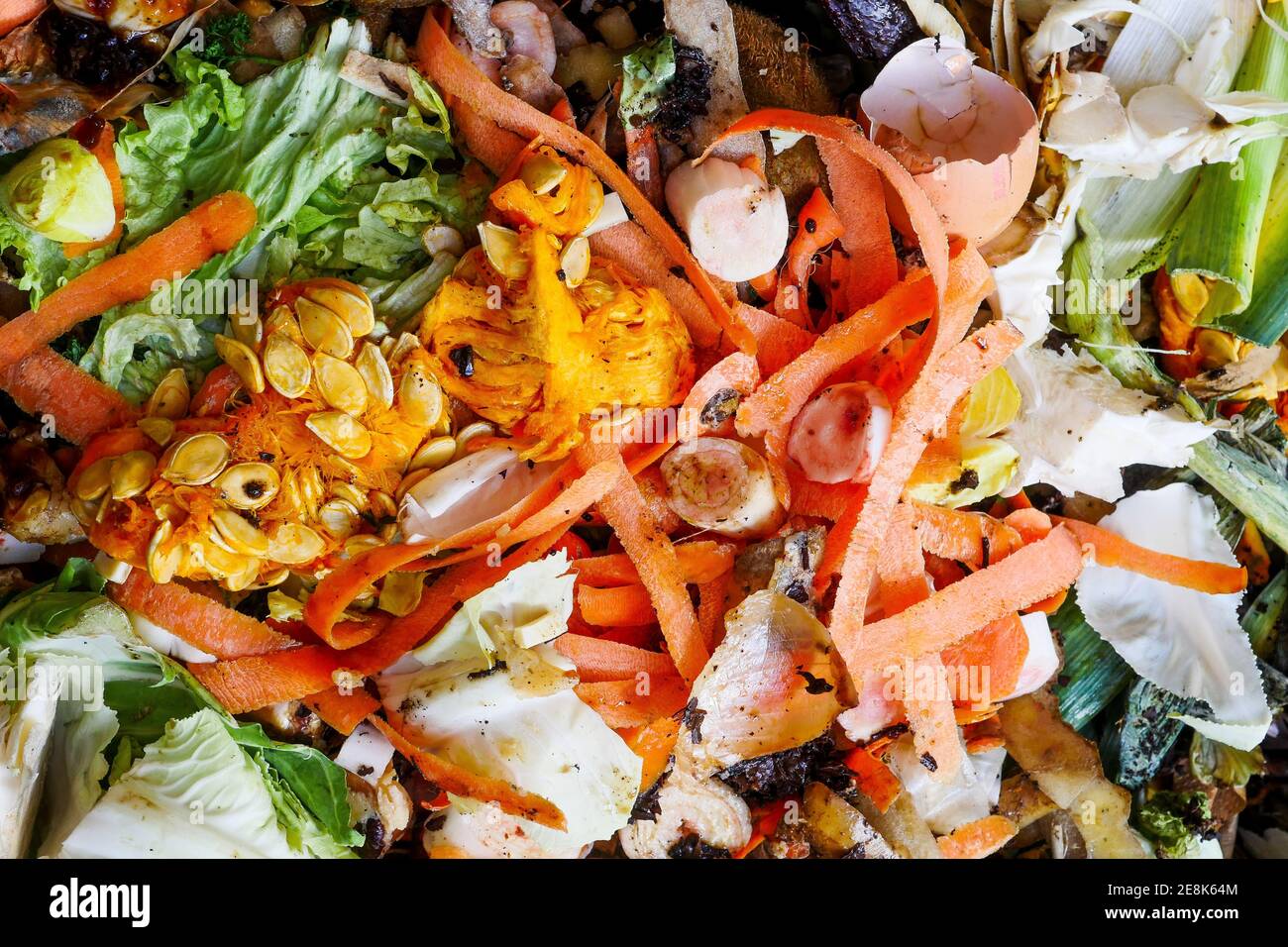 Fruits and vegetables peels piled in a compost container, Bron, France ...