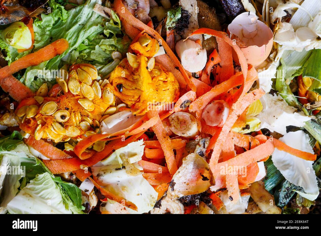Fruits and vegetables peels piled in a compost container, Bron, France ...