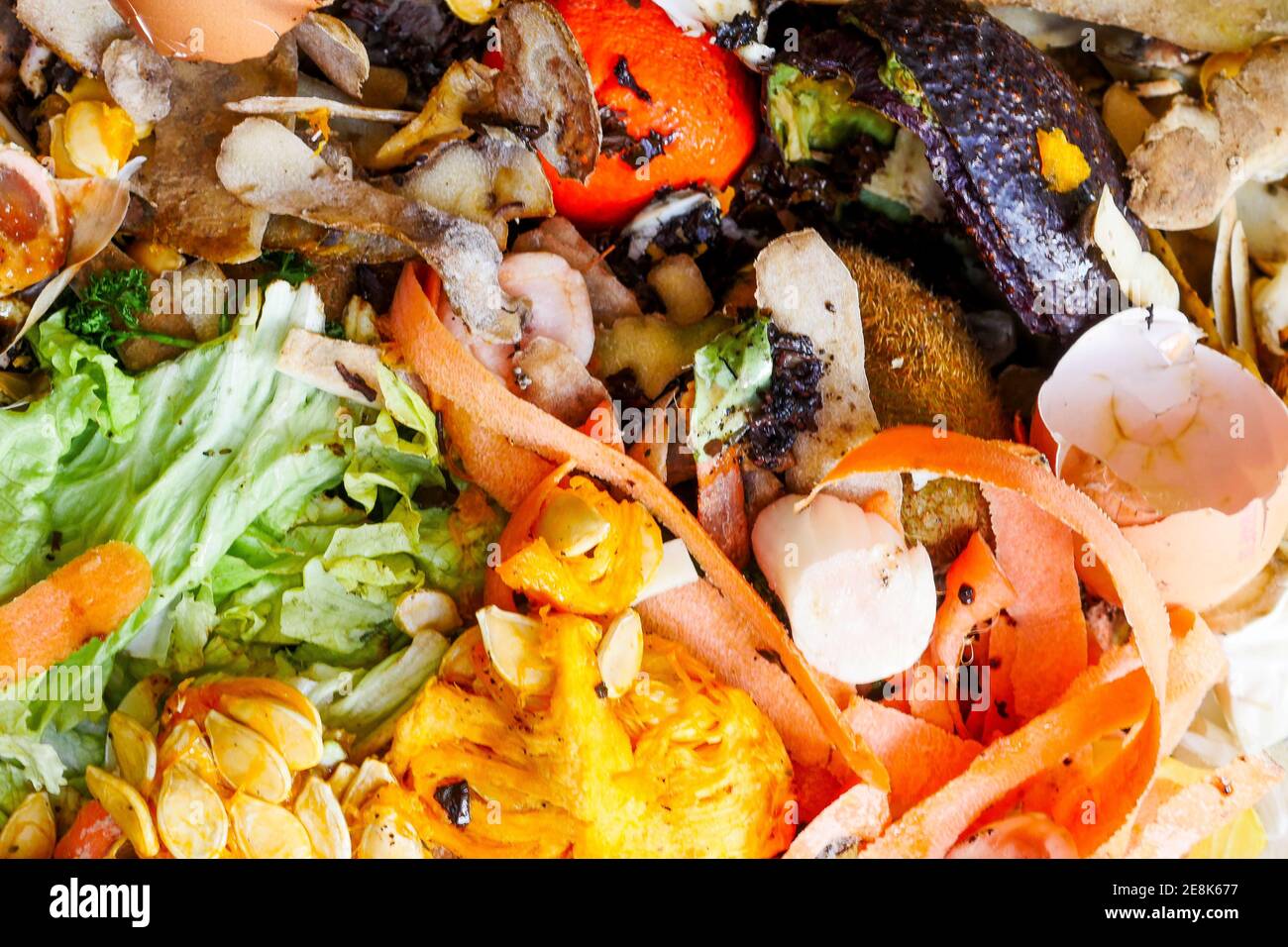 Fruits and vegetables peels piled in a compost container, Bron, France ...