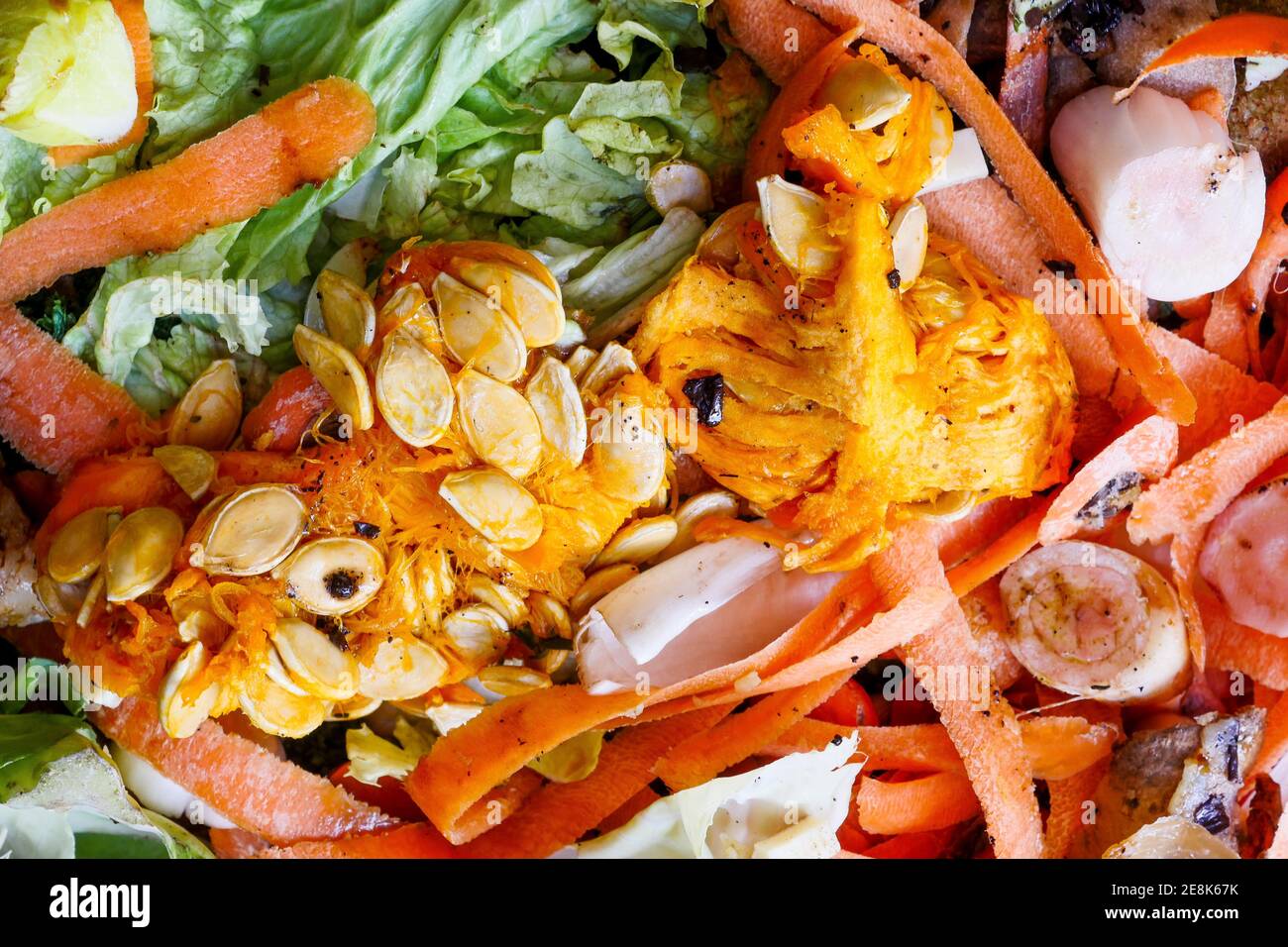 Fruits and vegetables peels piled in a compost container, Bron, France ...