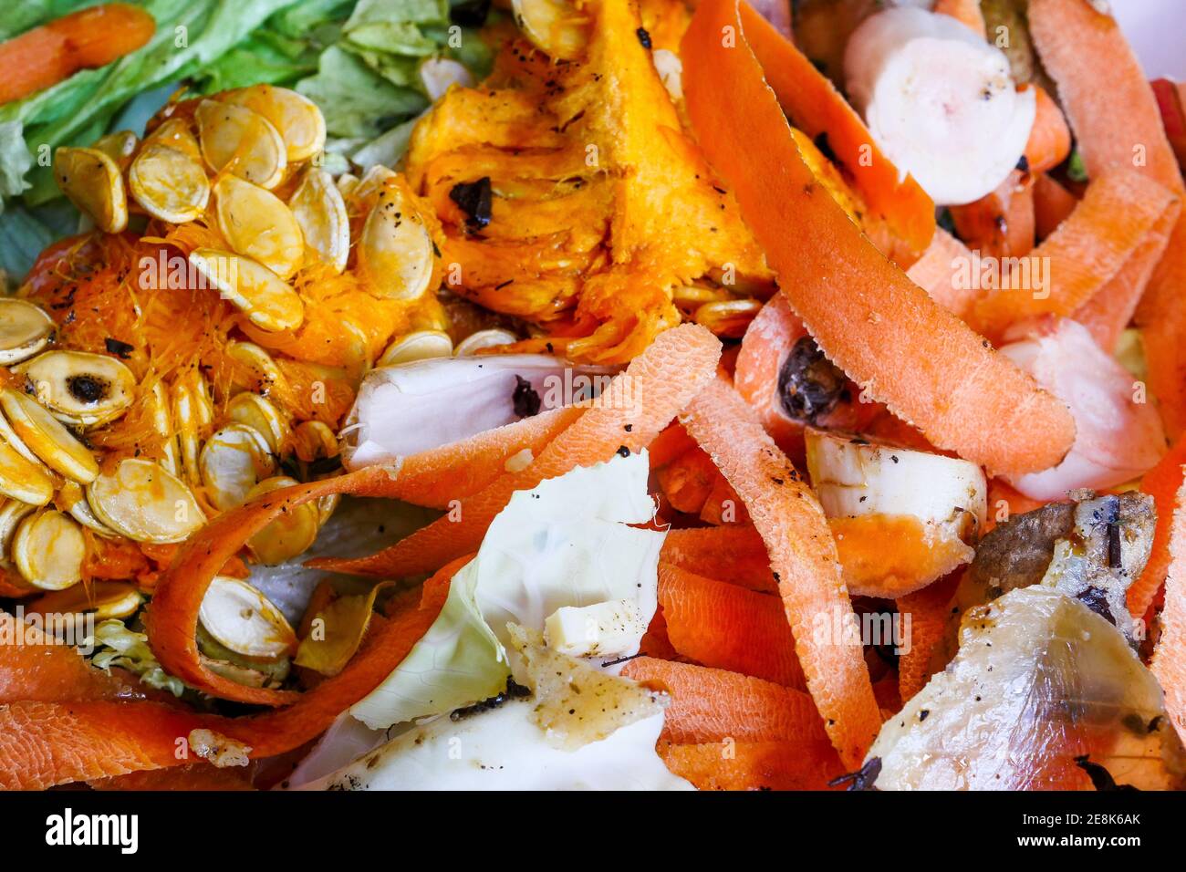 Fruits and vegetables peels piled in a compost container, Bron, France ...
