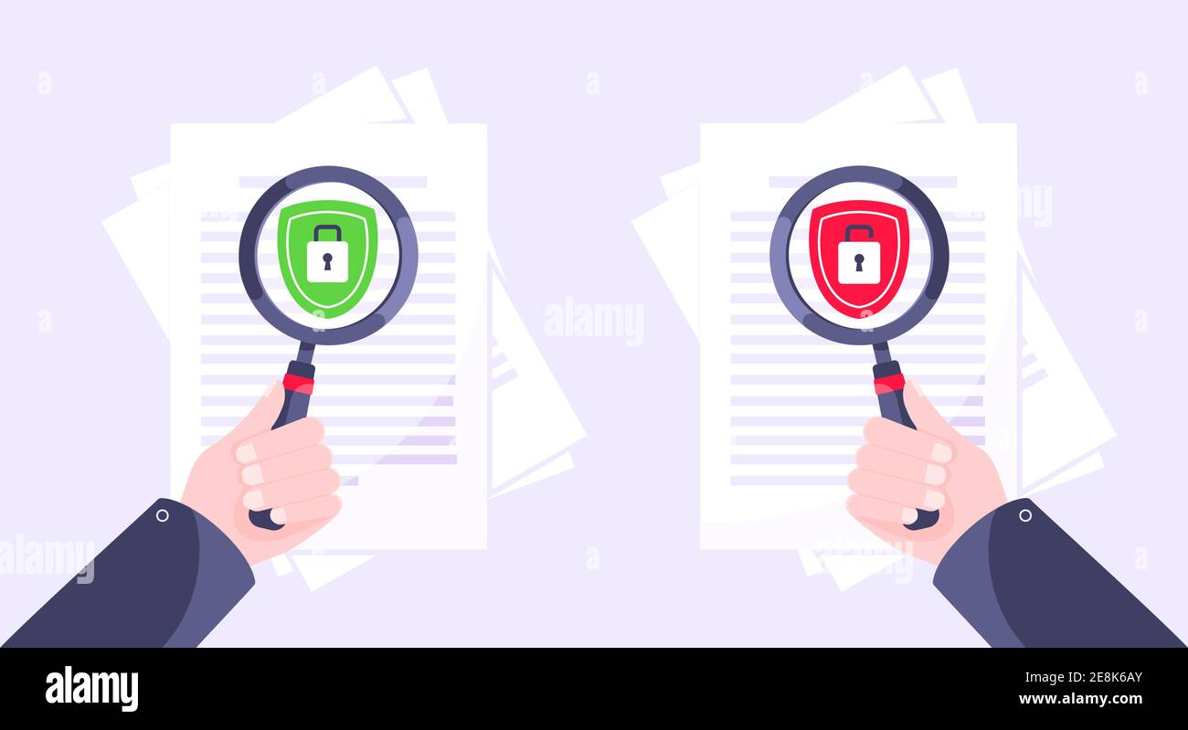 Privacy policy, safety lock and data protection metaphor set. Hand hold magnifier shield with ...