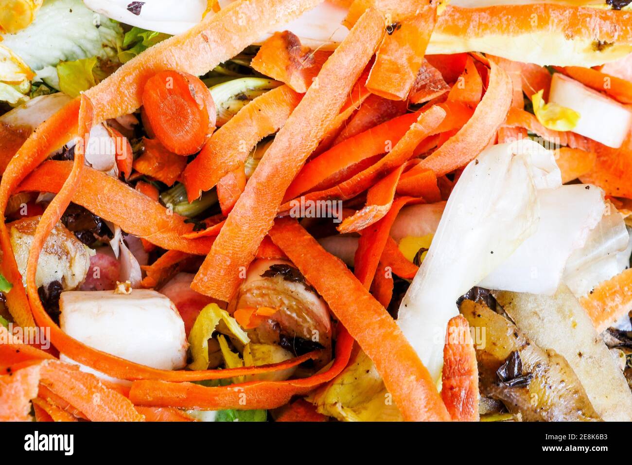 Fruits and vegetables peels piled in a compost container, Bron, France ...