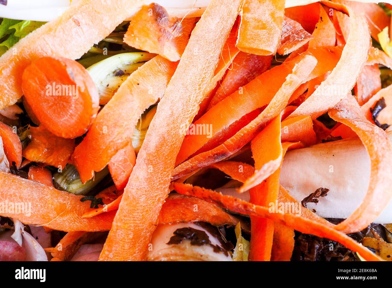 Fruits and vegetables peels piled in a compost container, Bron, France ...