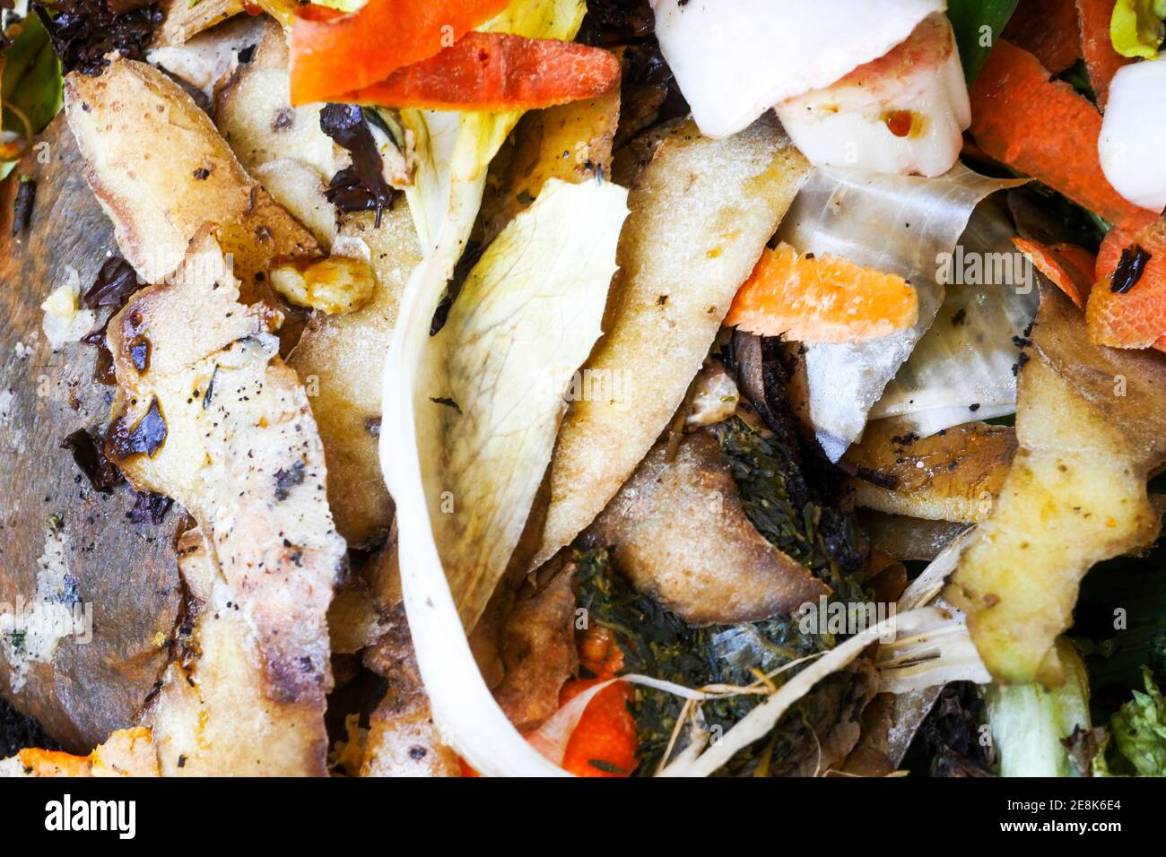 Fruits and vegetables peels piled in a compost container, Bron, France ...