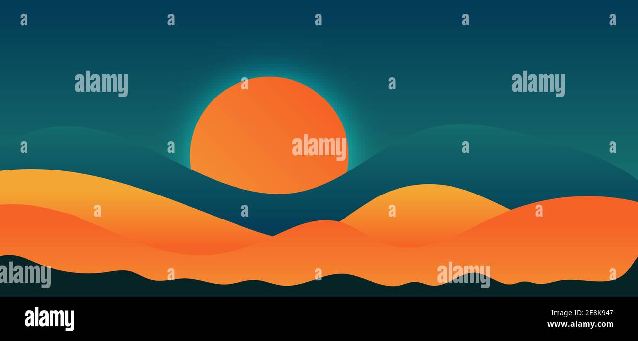 Hand drawn landscape sunset elements or mountains curves colorful ...
