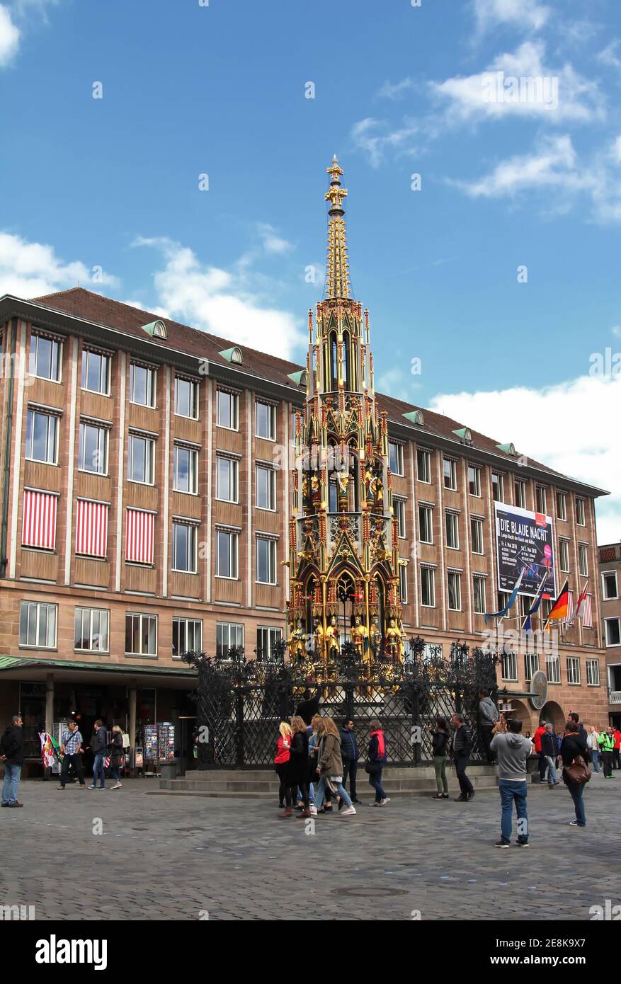 Nurnberg, Beautiful fountain (Schoner Brunnen) and statue. 19 meters ...