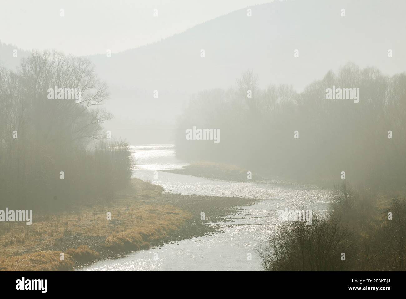 Fog visible in the riverbed. Autumn landscape in the sunshine Stock ...