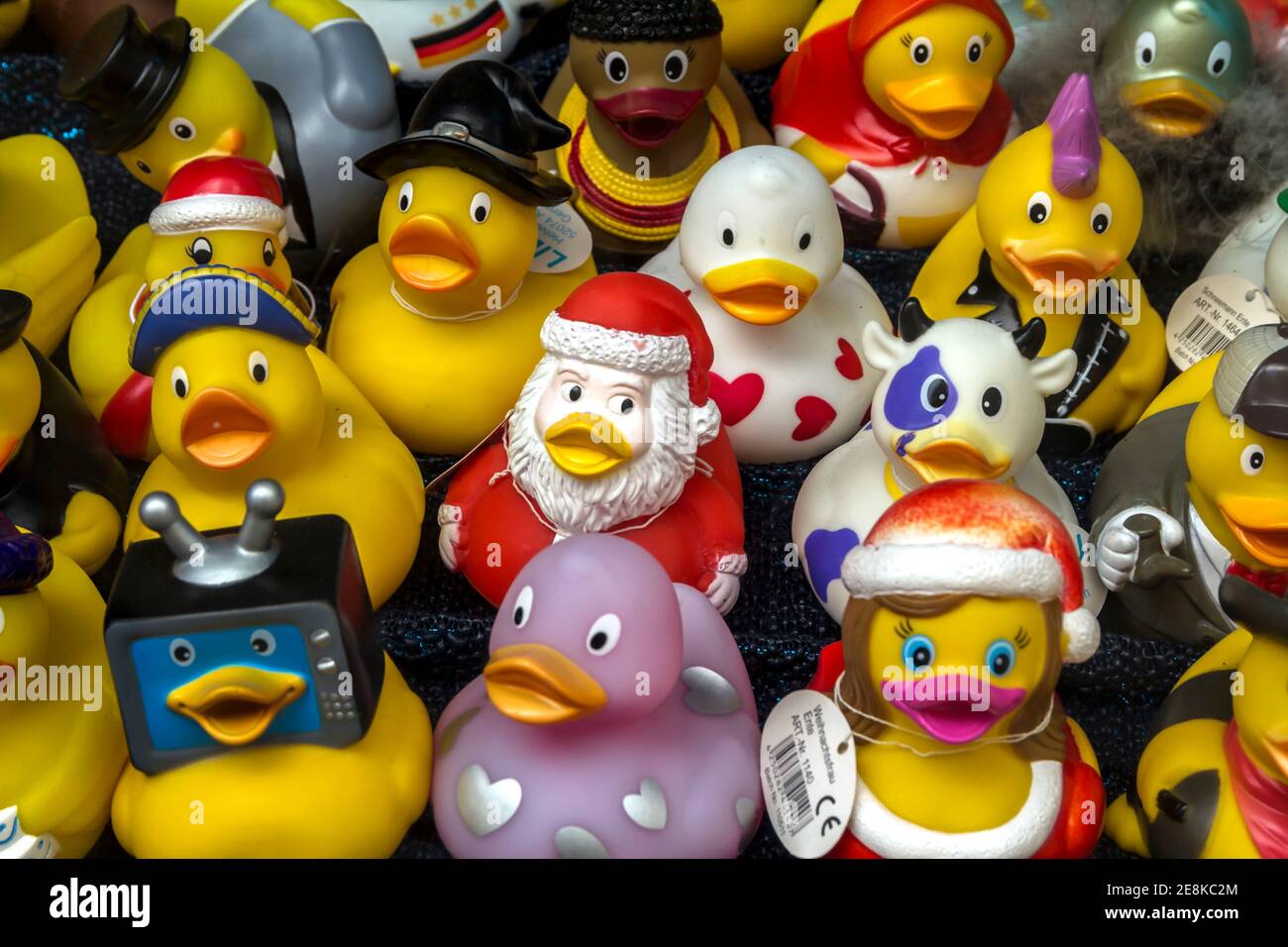 Collection of various rubber ducks in a shop window of a souvenir store ...