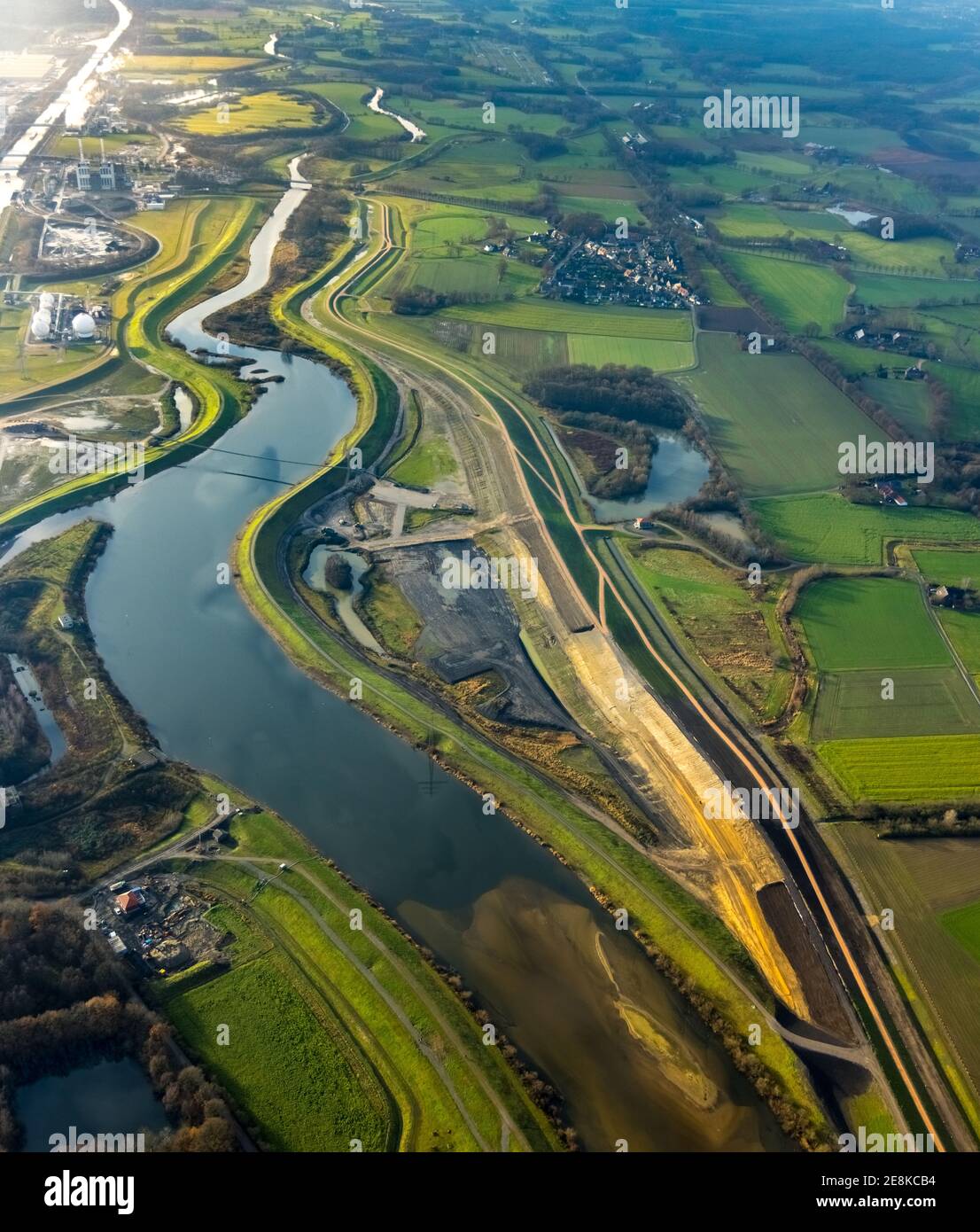 Aerial view of the Lippe floodplain and river Lippe with Lippe dike ...