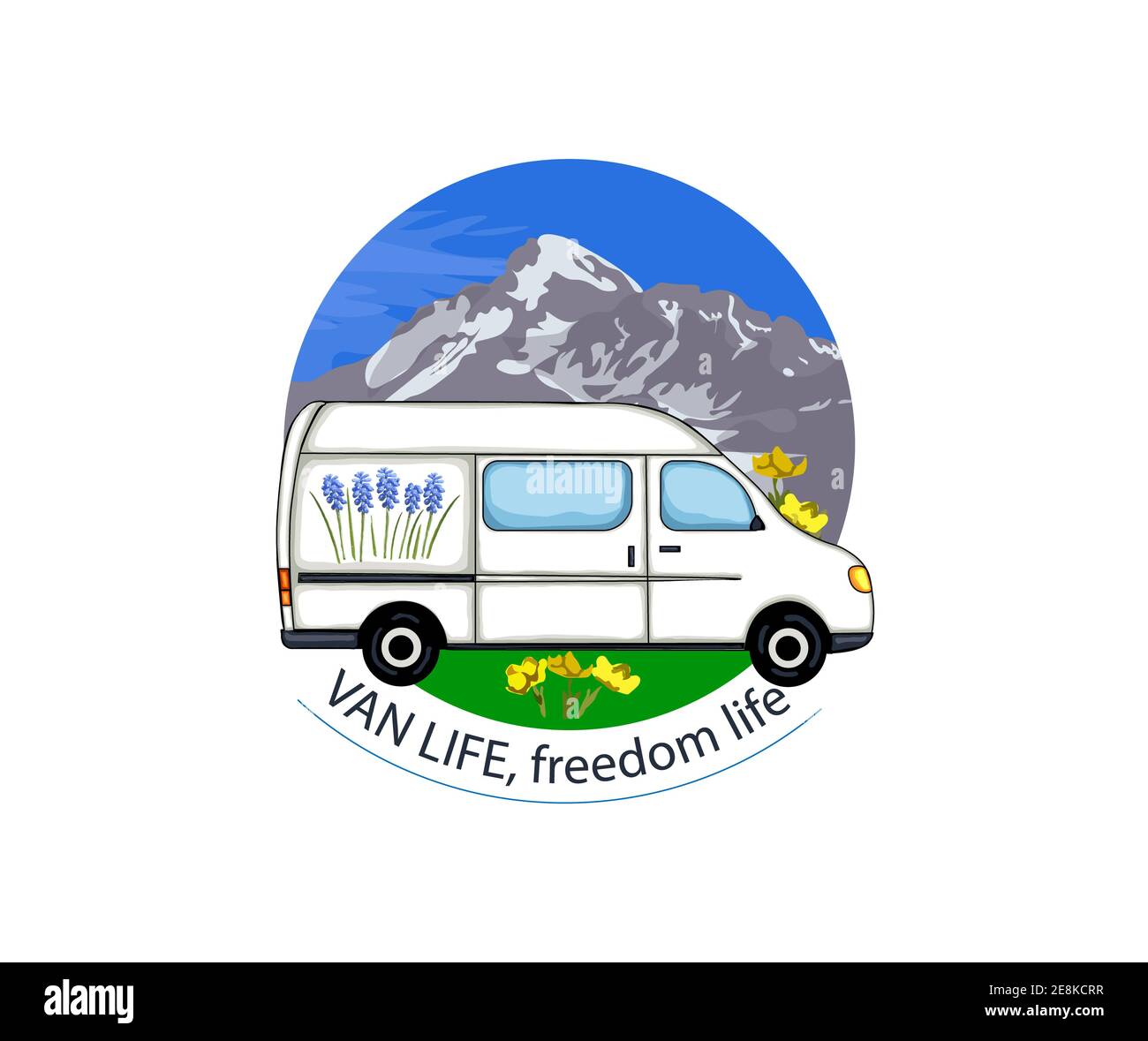 Van Life sticker. White van with mountains in the background. Living ...