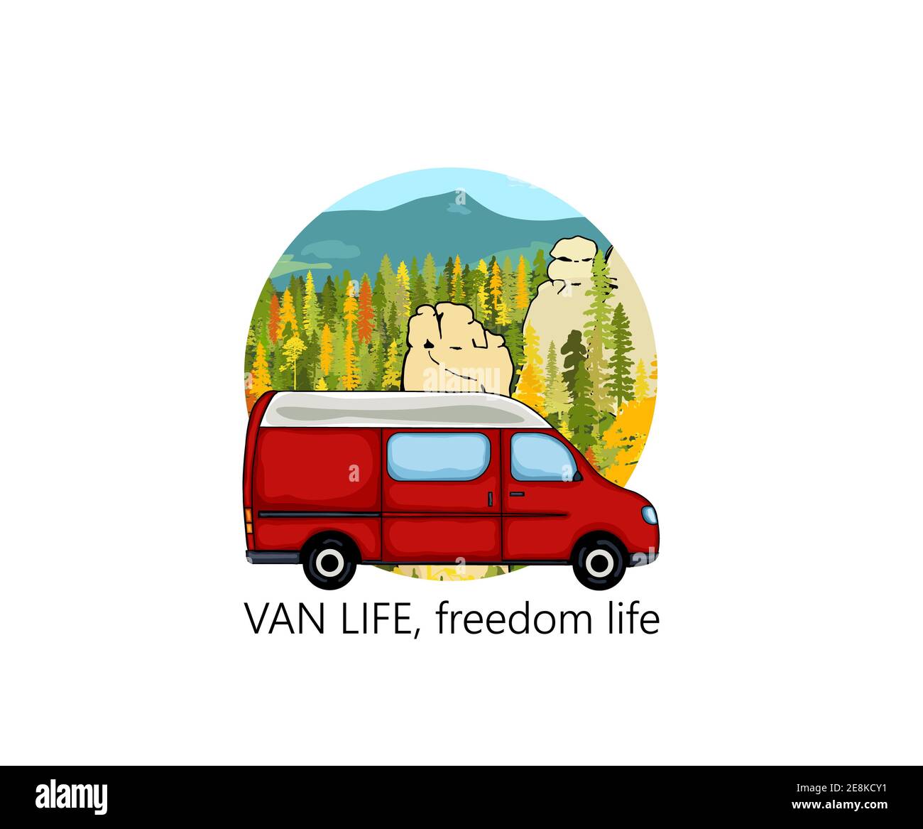 Van life sticker. Sandstone rock formation, forest and the mountains in ...