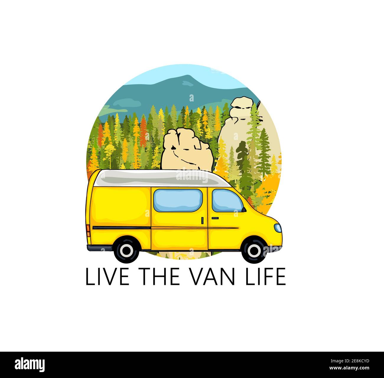 Van life sticker. Sandstone rock formation, forest and the mountains in ...