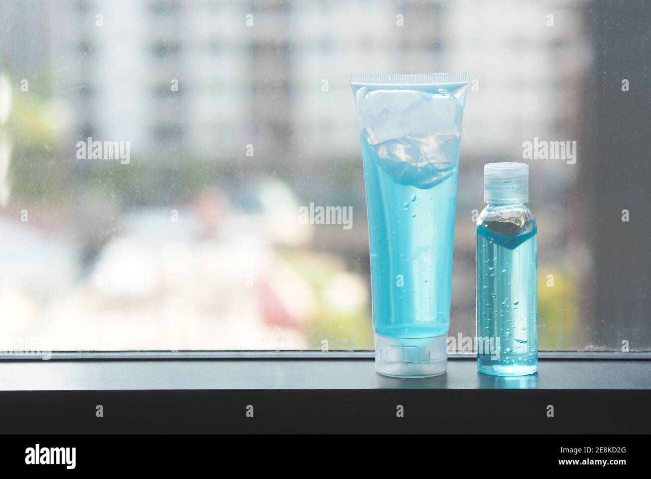 Blue Alcohol gel tube and bottle for Hand wash with copy space ...