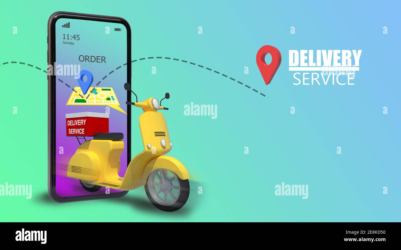 3D Illustration Fast delivery by motorcycle. E-Commerce. Online Food ...