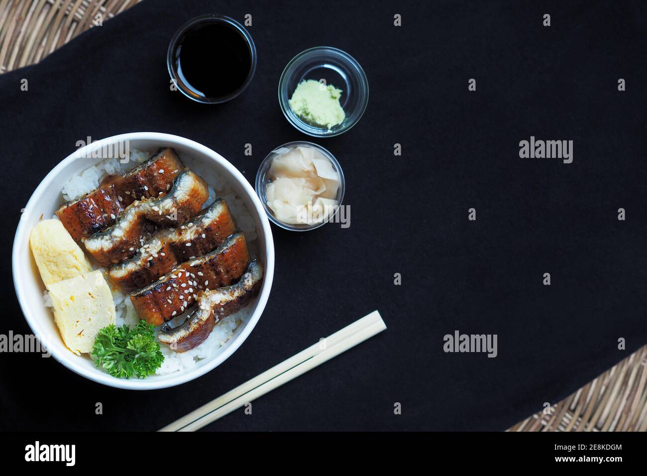 Top view and focus to Unadon or unagi donburi or eel bowl is a dish ...