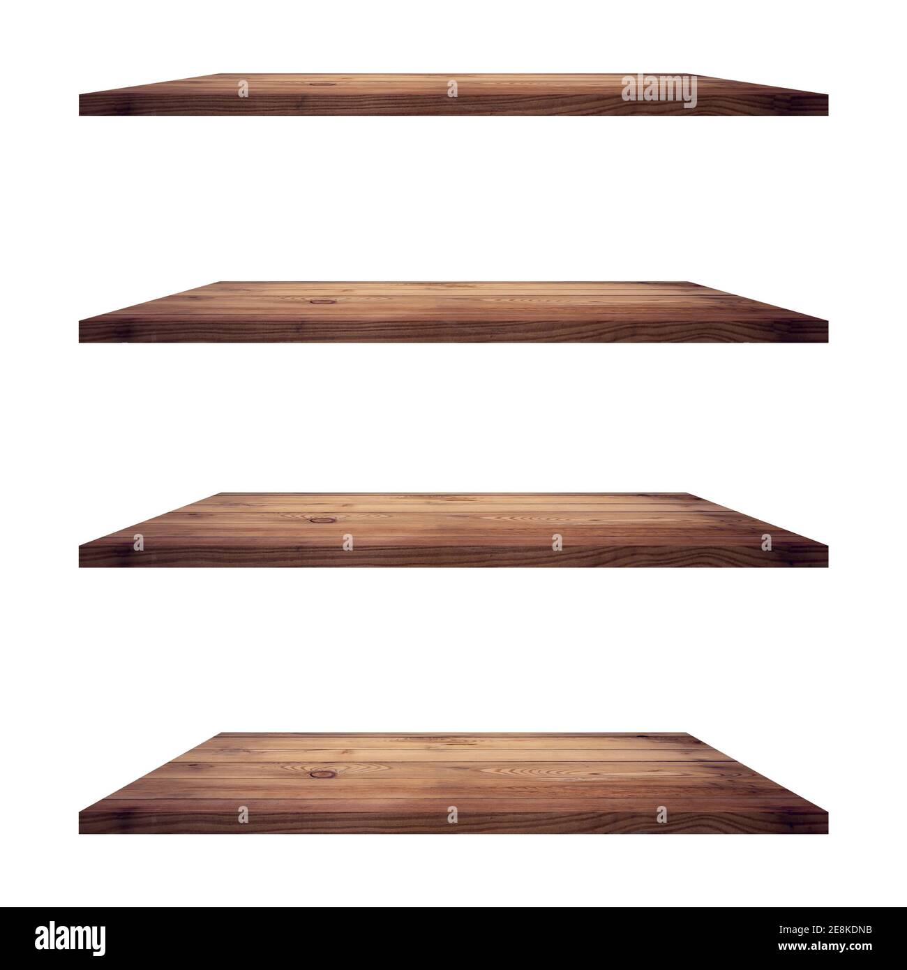 4 Wood shelves table isolated on white background and display montage ...