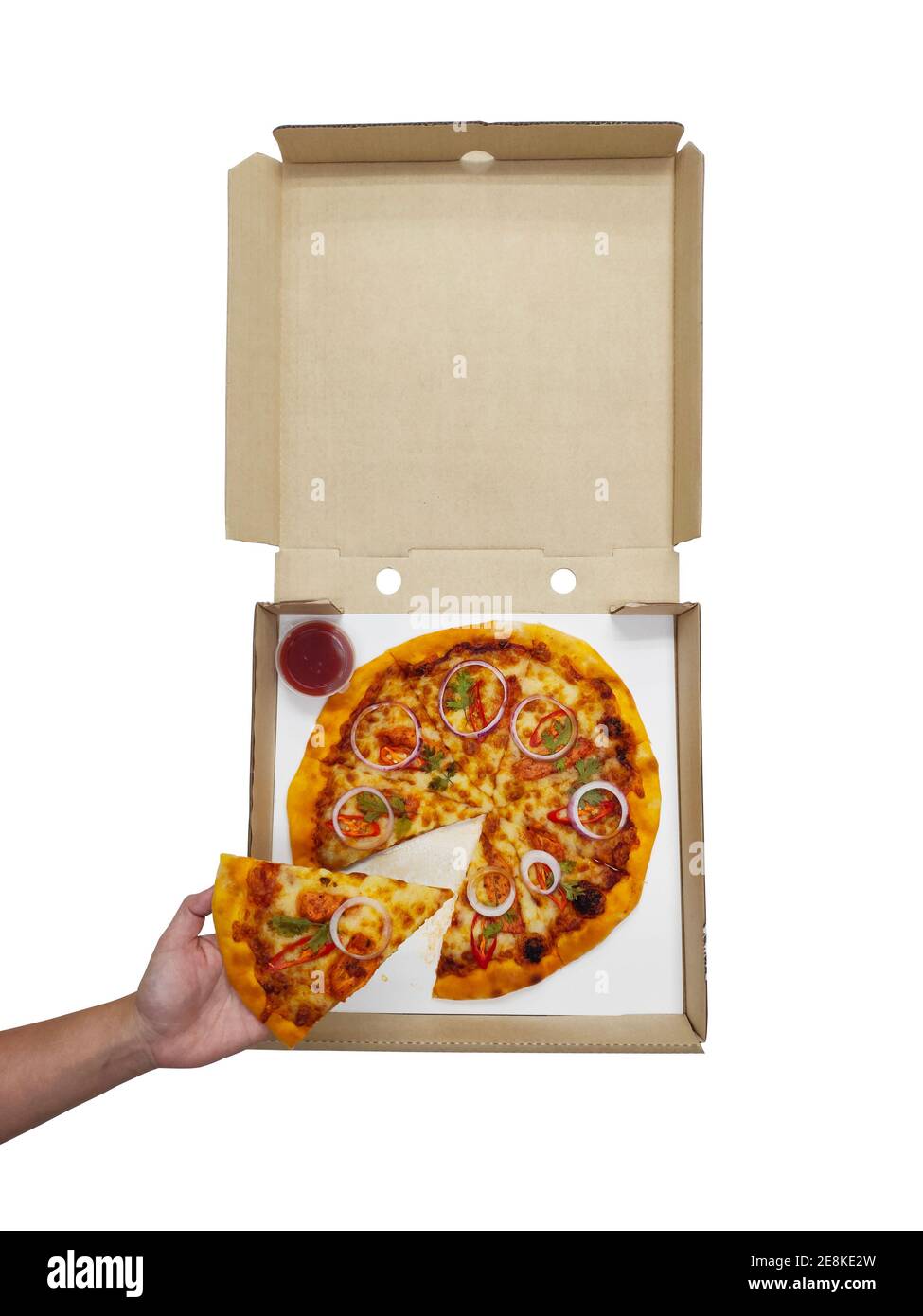 Isolated of Hand holding pizza with pizza in pizza box on white ...