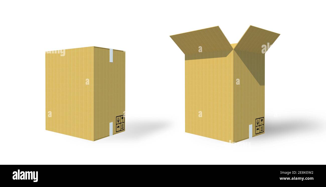 3D Illustration Close and Open or Unbox Light brown Cardboard box ...