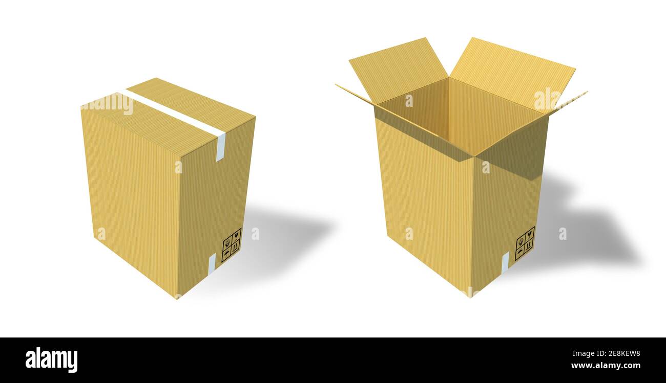 3D Illustration Close and Open or Unbox Light brown Cardboard box ...