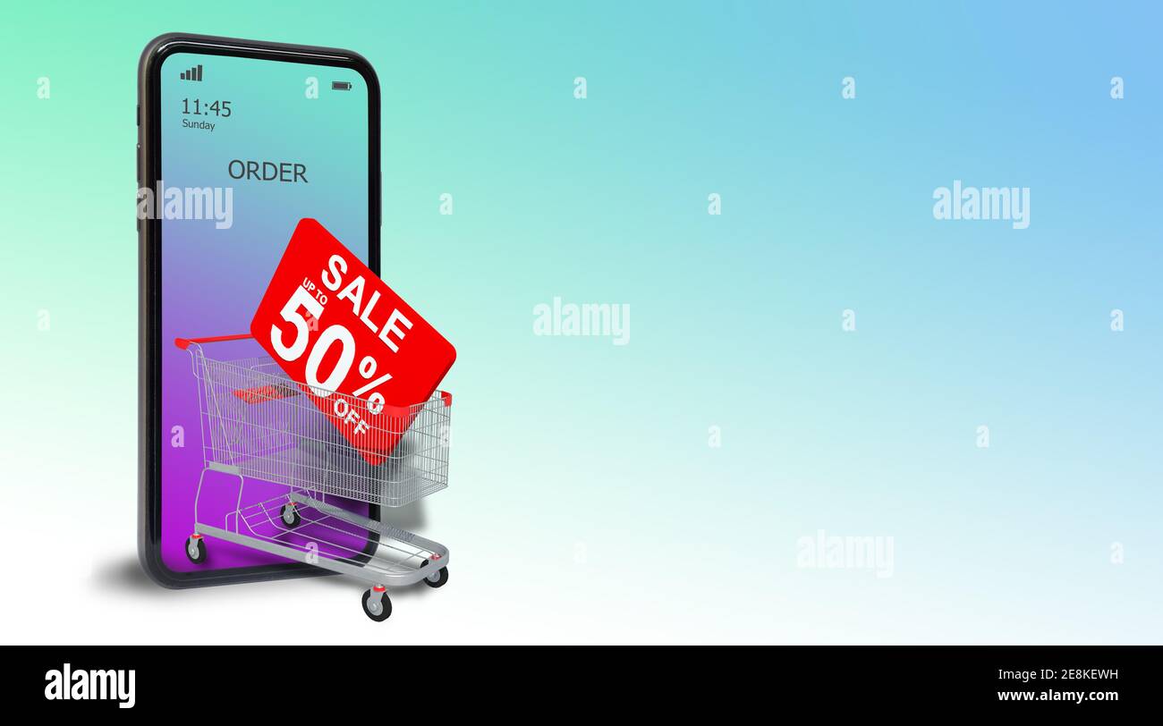 3D illustration 50% off Red discount tag in Shopping cart for Black ...