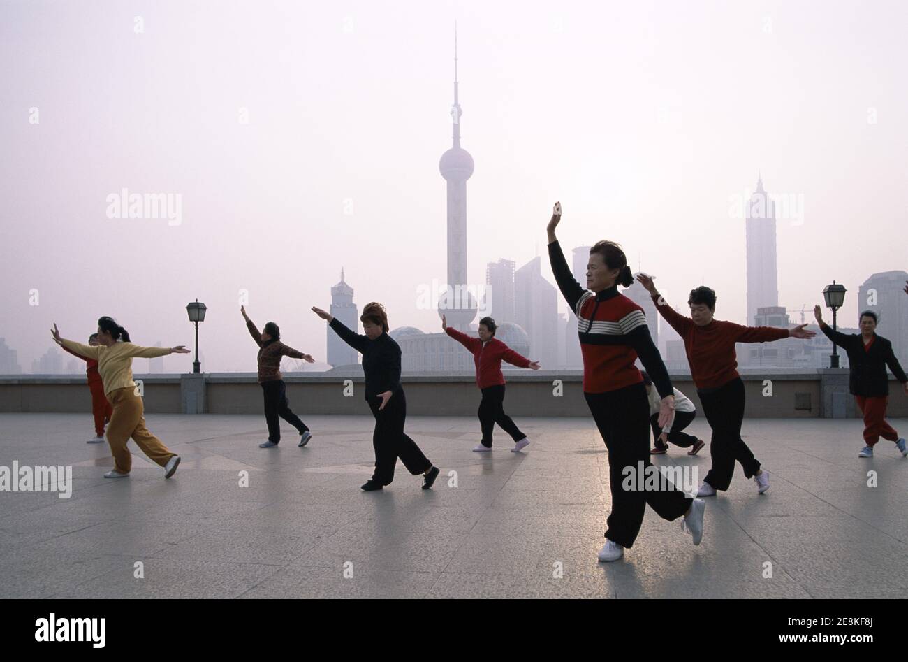 Asia China, Shanghai, The Bund, group of Chinese women dancing with ...
