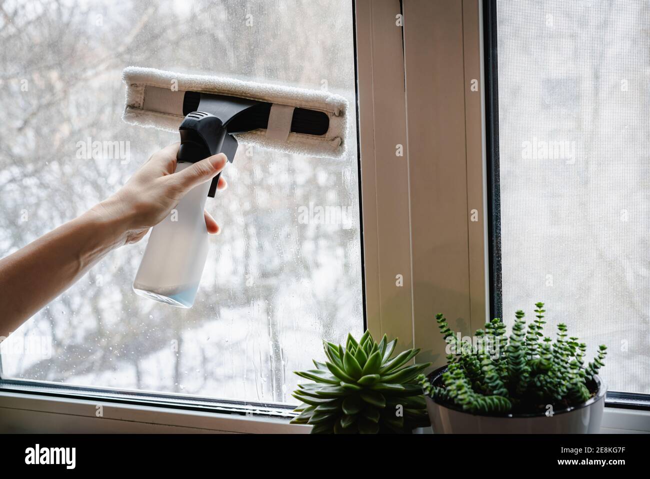 Hand washing and cleaning window with professionally squeegee. Maid ...