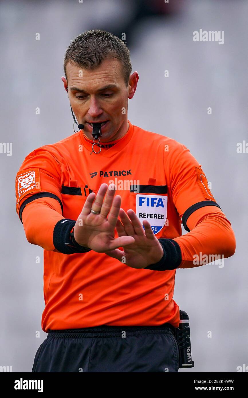 BRUGES, BELGIUM - JANUARY 31: Referee Nicolas Laforge during the Pro League match between Club ...