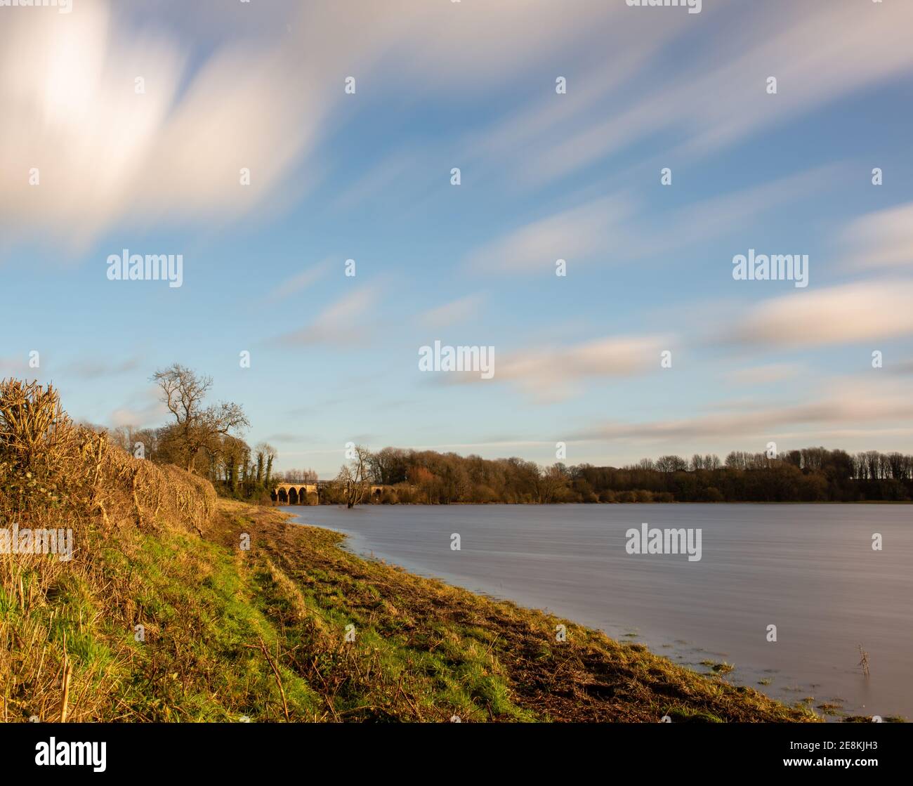 Flood plain of the River Wharfe showing riverside fields covered with ...