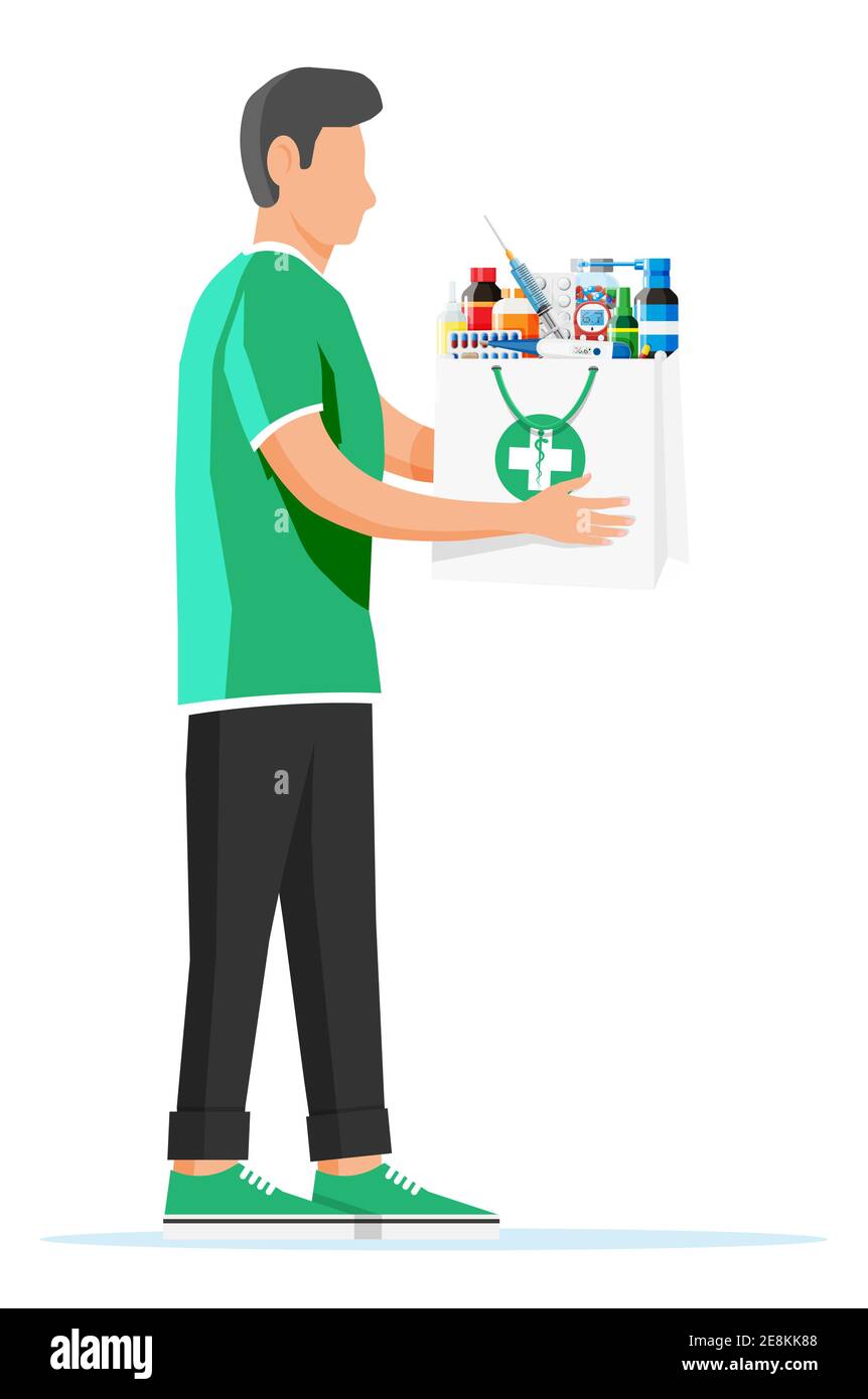 Man holding drugstore bag. Set of bottles, tablets, pills, capsules and ...