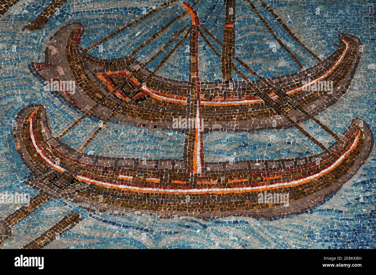 Two single-masted sailing ships, each steered by two oars, in detail of ...