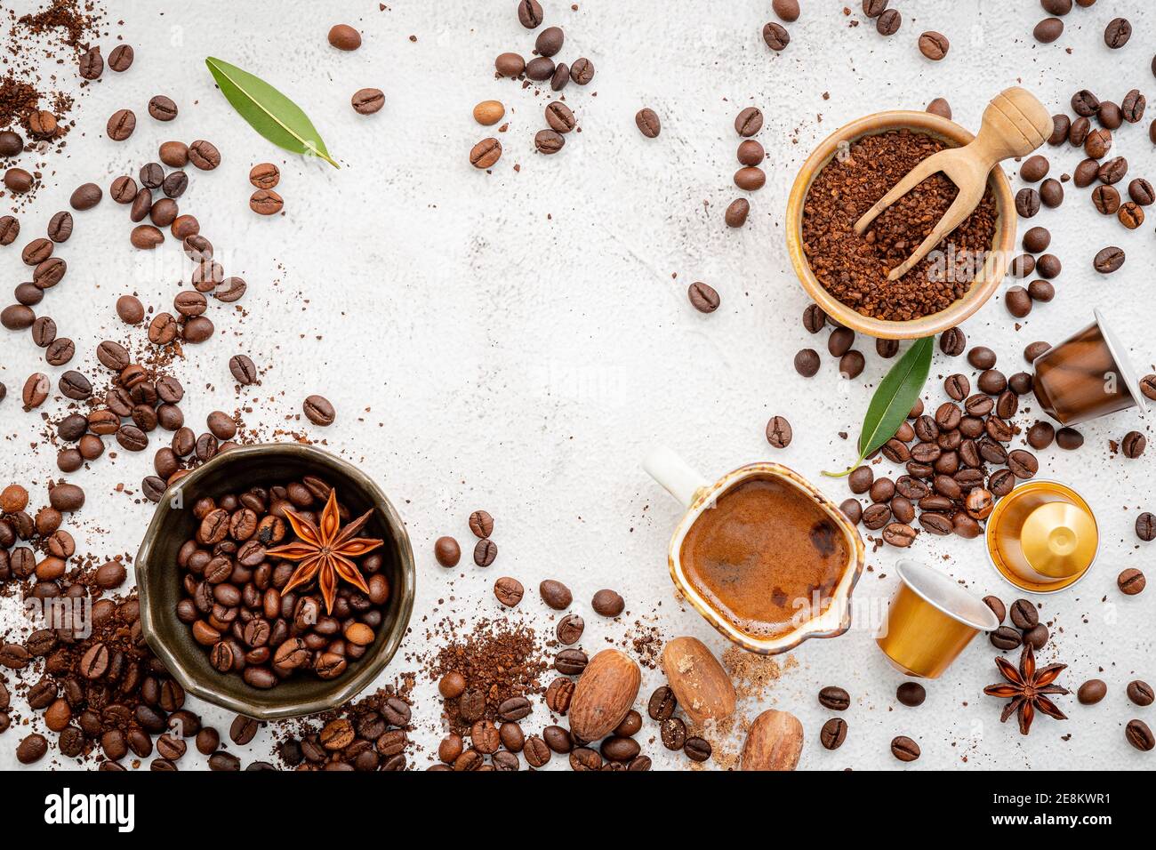 Background of various coffee , dark roasted coffee beans , ground and ...