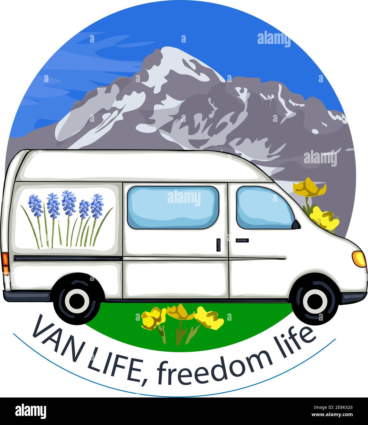 Van Life sticker. White van with mountains in the background. Living ...