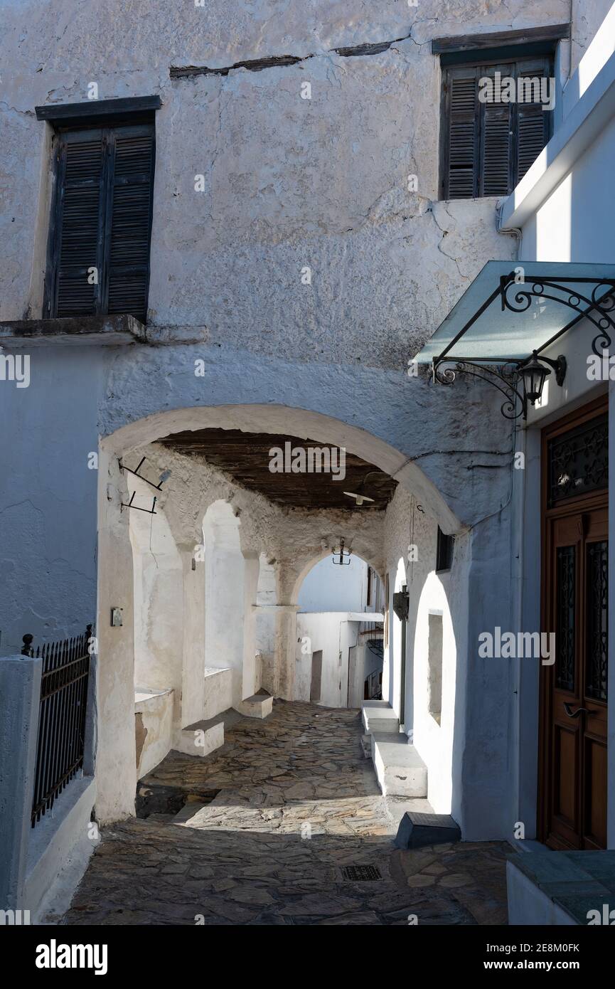 Buildings and narrow street of traditional architecture in Skyros ...
