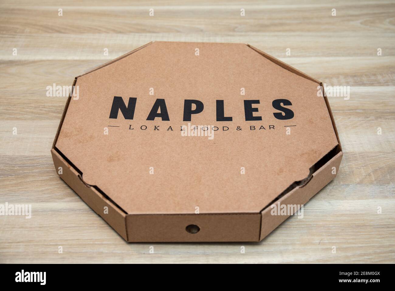 Octagonal pizza box of Neapolitan restaurant in Munkkiniemi district of ...