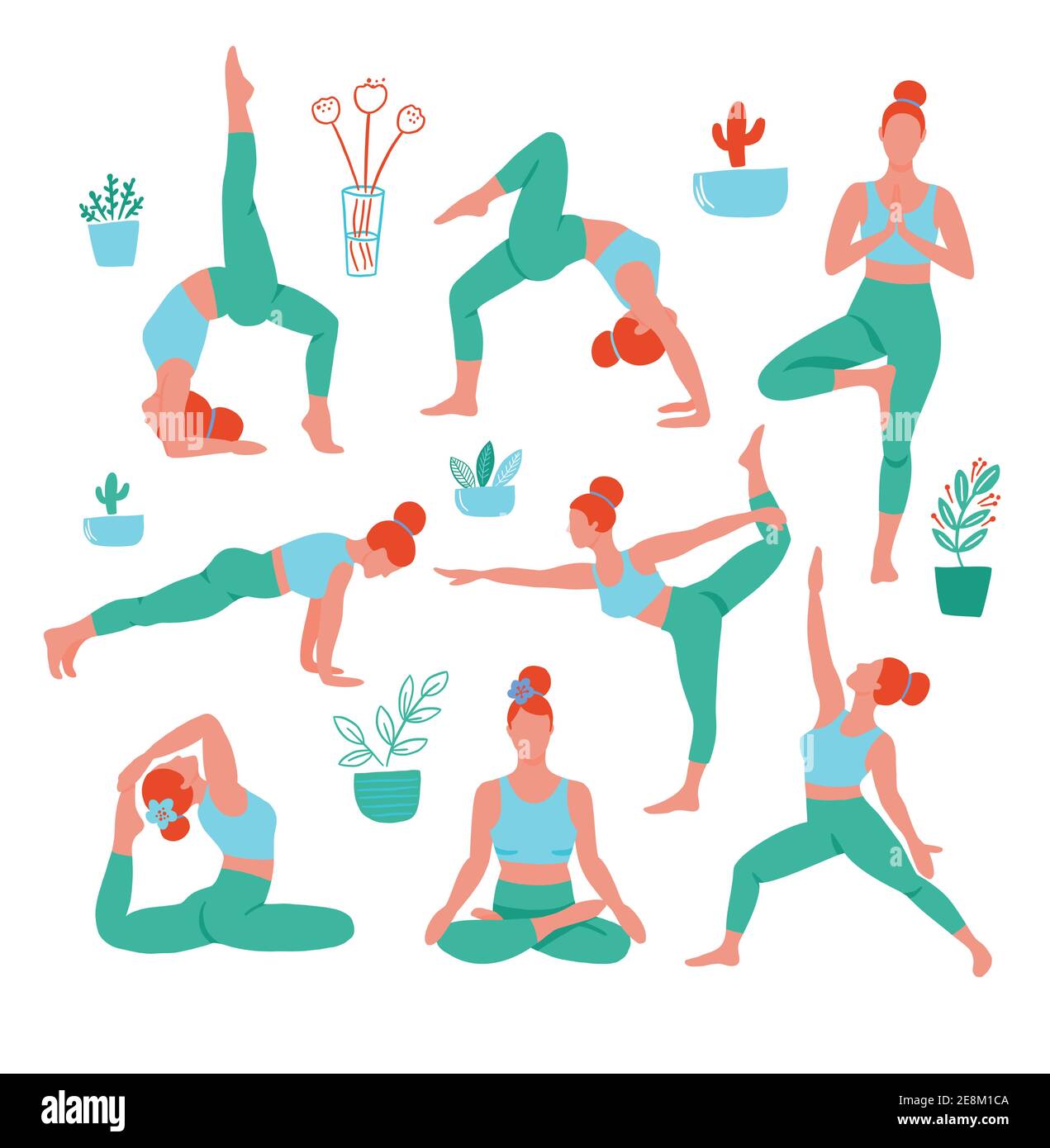 8 women in the yoga poses on colors sport closes on white background ...