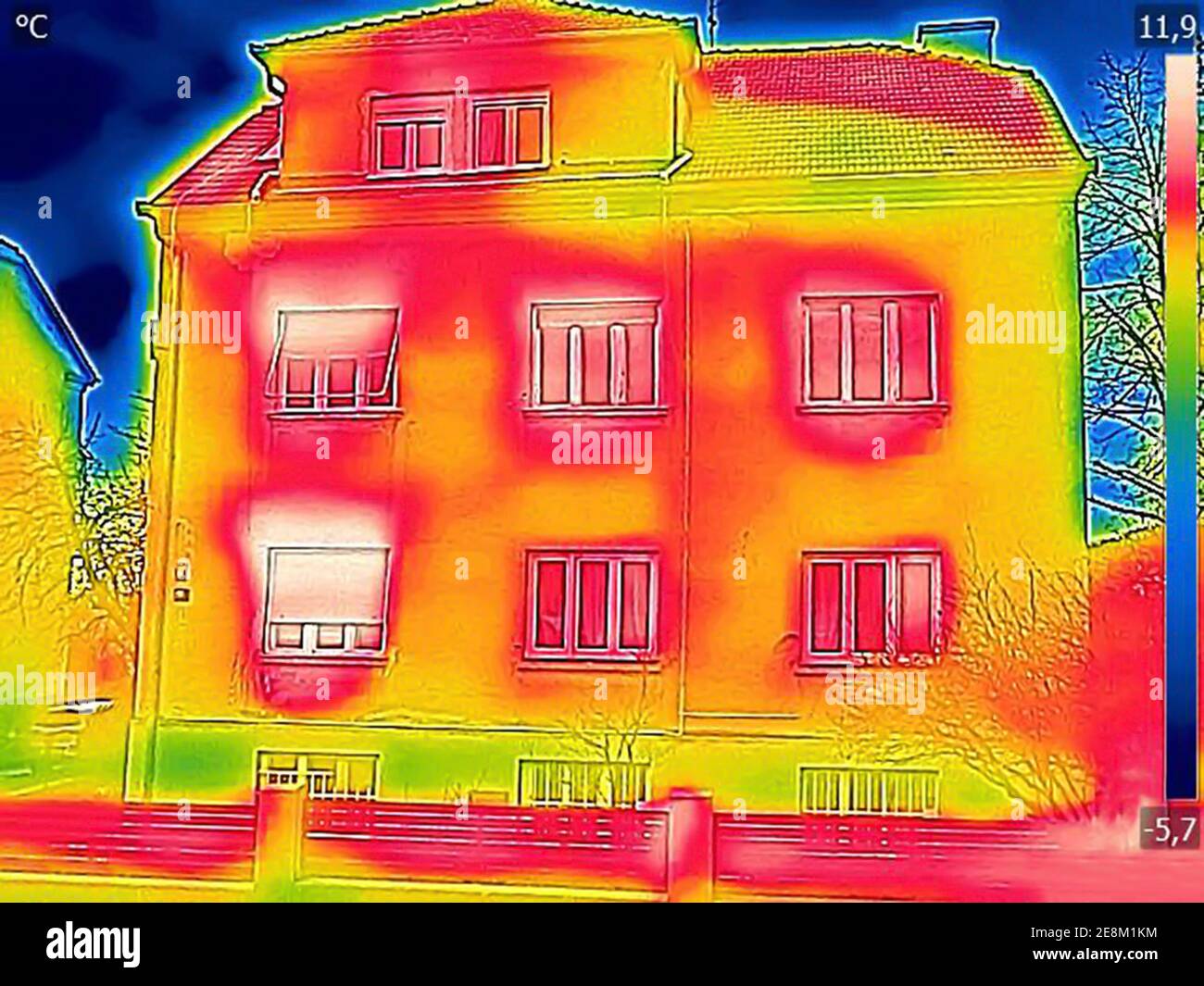 Infrared thermovision image showing lack of thermal insulation on House ...
