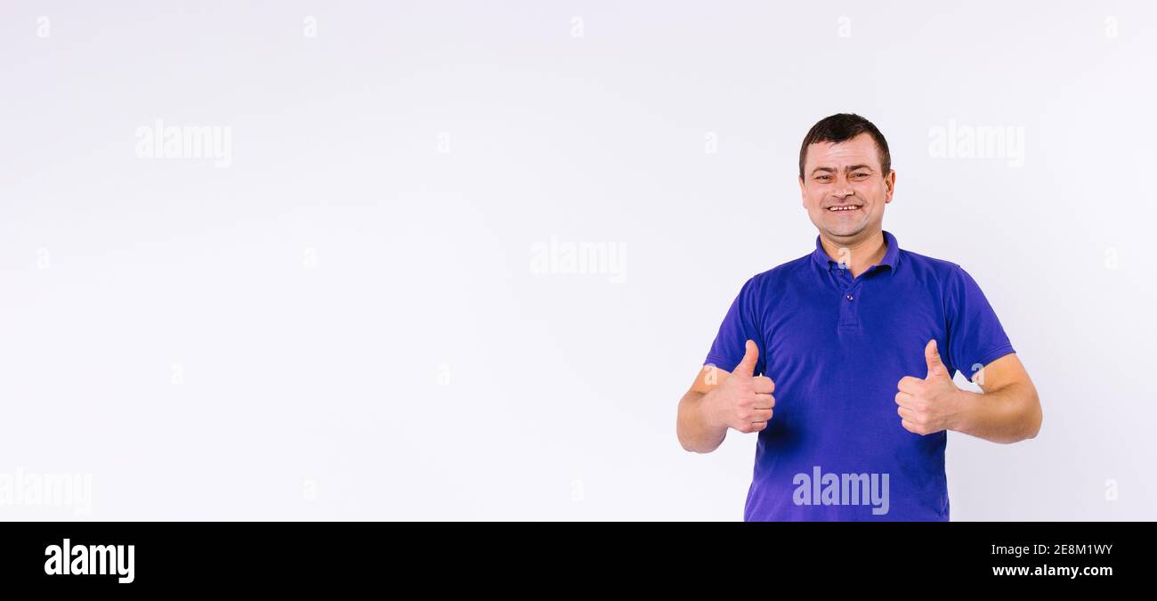 Banner,long format. A deaf-mute man with a happy smile looks at the ...