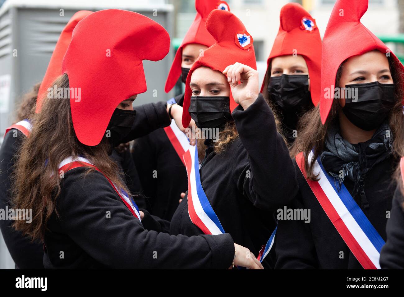 Paris, France. 31st Jan, 2021. Demonstrators wearing a Phrygian cap ...