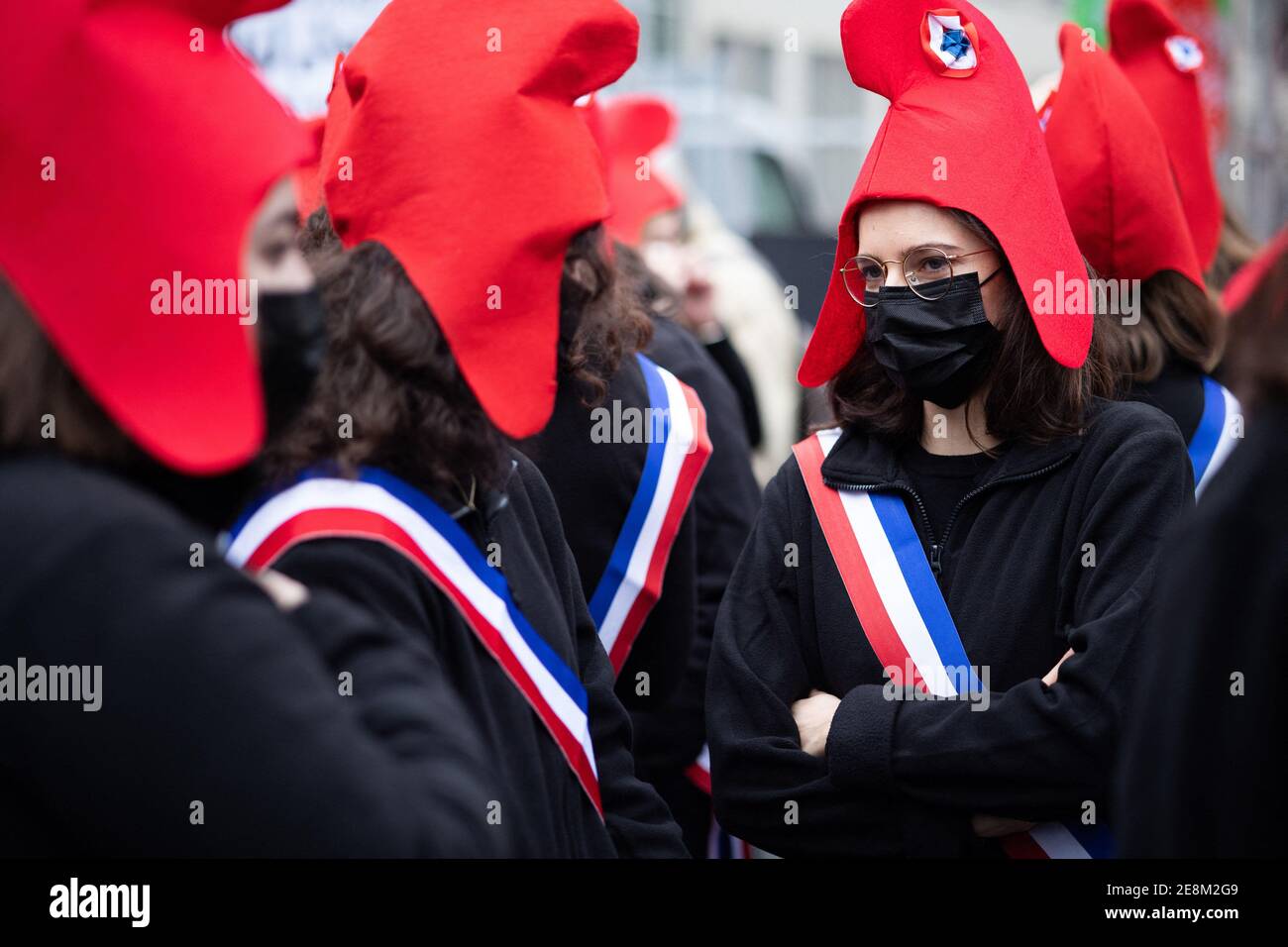 Paris, France. 31st Jan, 2021. Demonstrators wearing a Phrygian cap ...