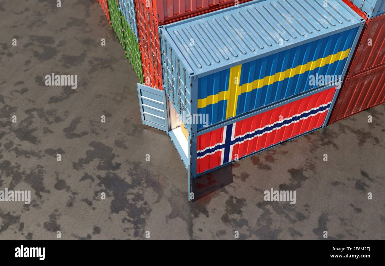 Freight containers with Norway and Sweden flag. 3D Rendering Stock ...
