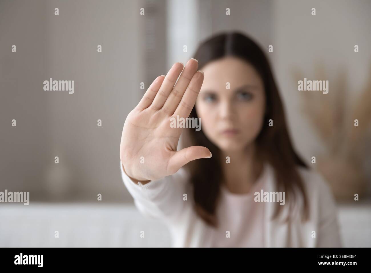 Close up of woman show stop hand gesture Stock Photo - Alamy