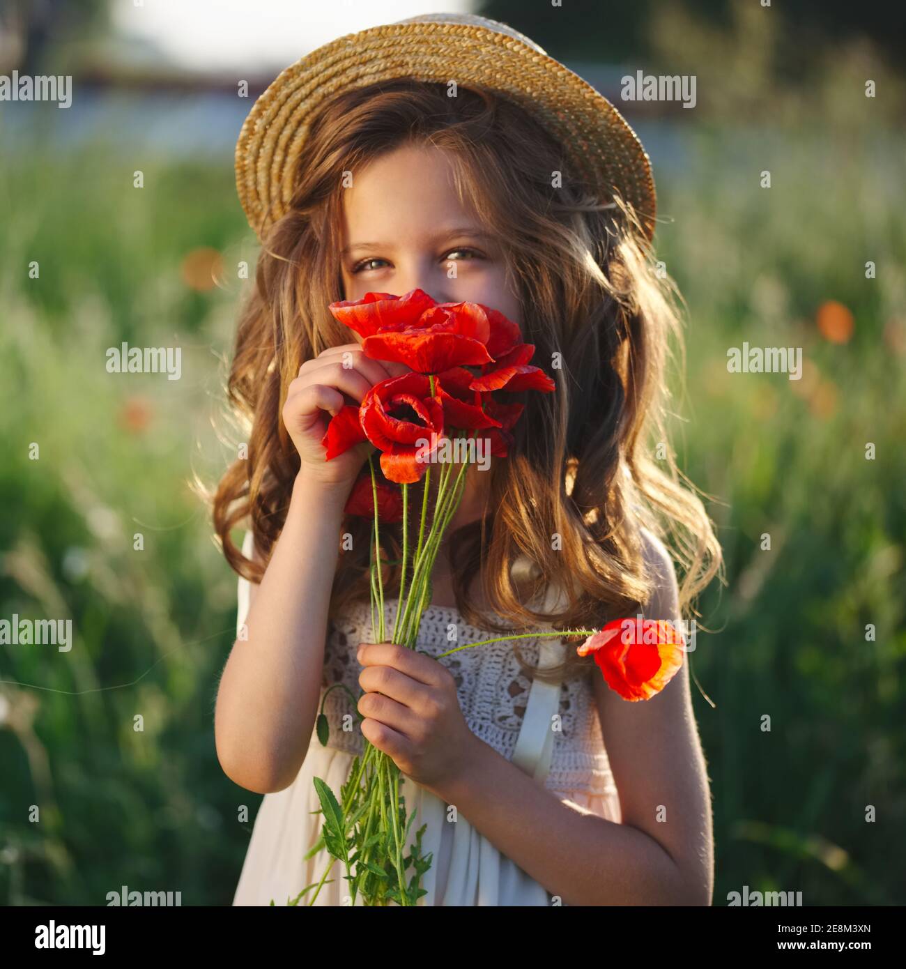 cute little girl in meadow with red poppies Stock Photo - Alamy