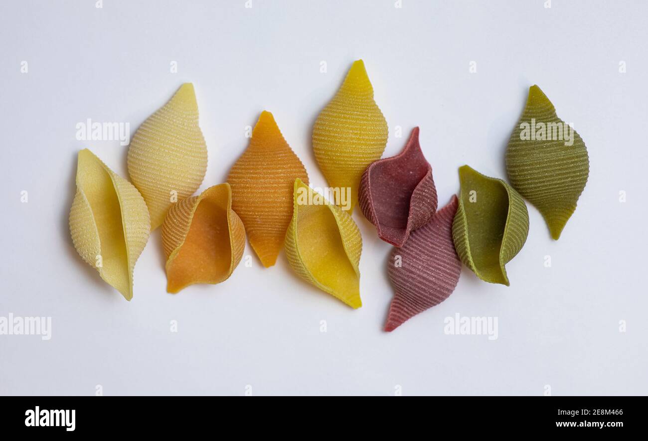 Shell noodles in 5 colors and flavors. Raw whole grain pasta on a white ...