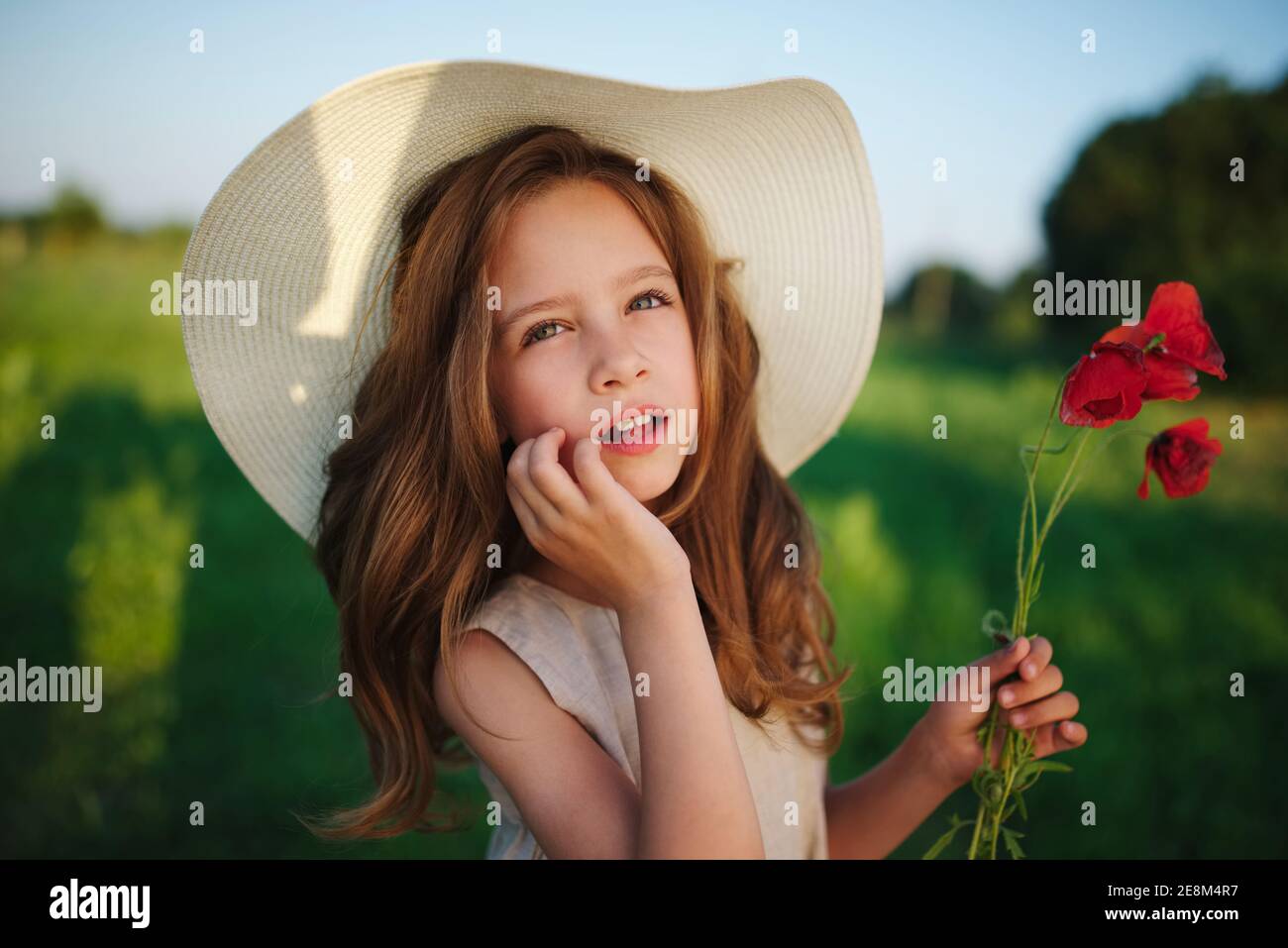 cute little girl in meadow with red poppies Stock Photo - Alamy