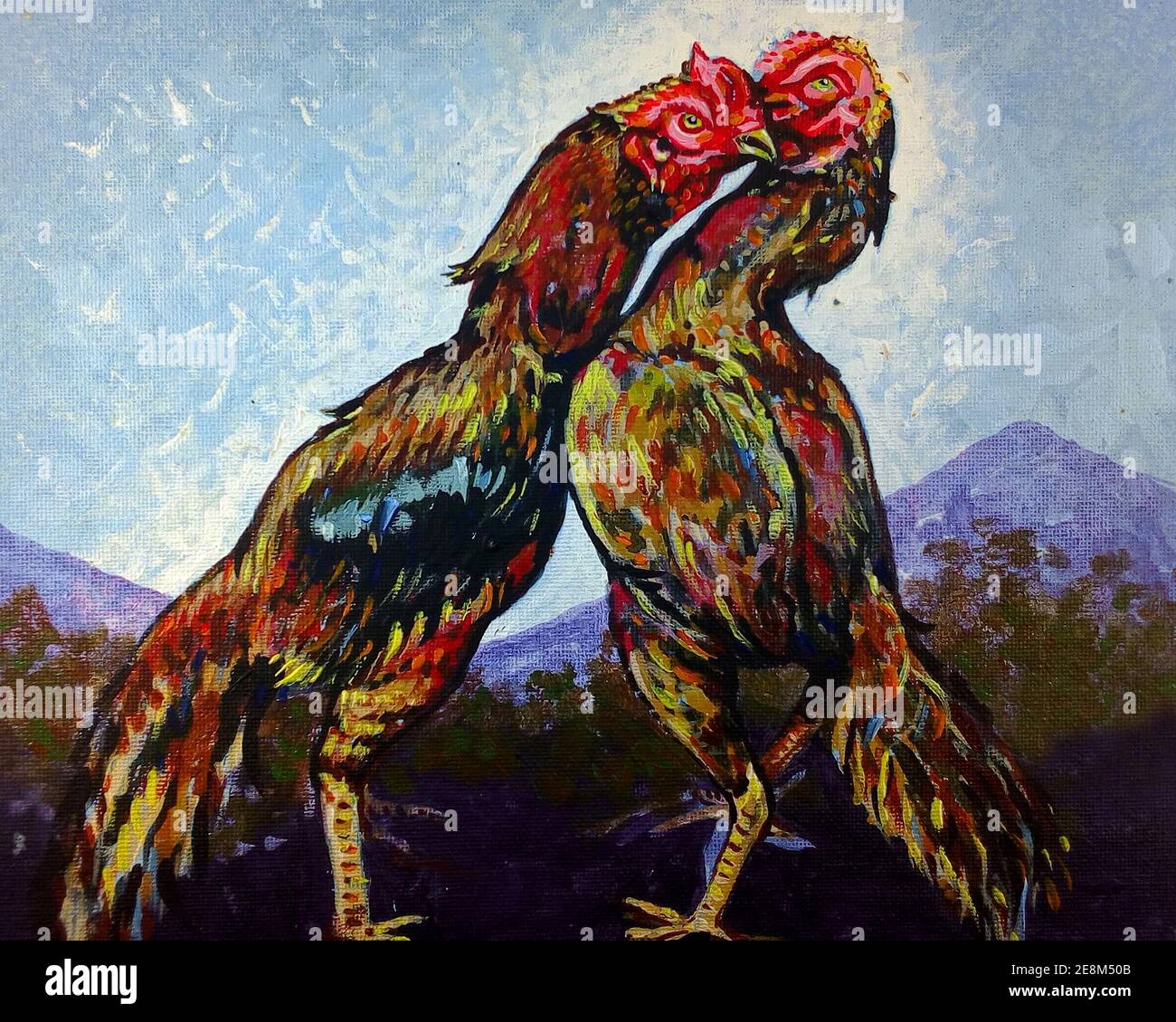 Art painting oil color , chicken, cock, hen,chick , paint brushes ...