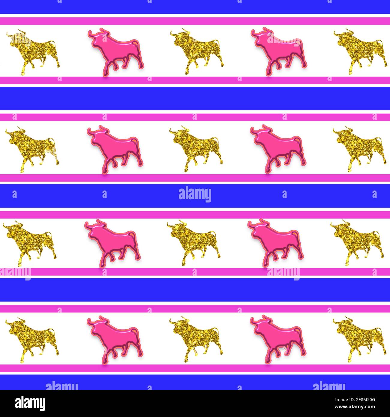 An illustration of bulls out of pink color and yellow glitter on white ...