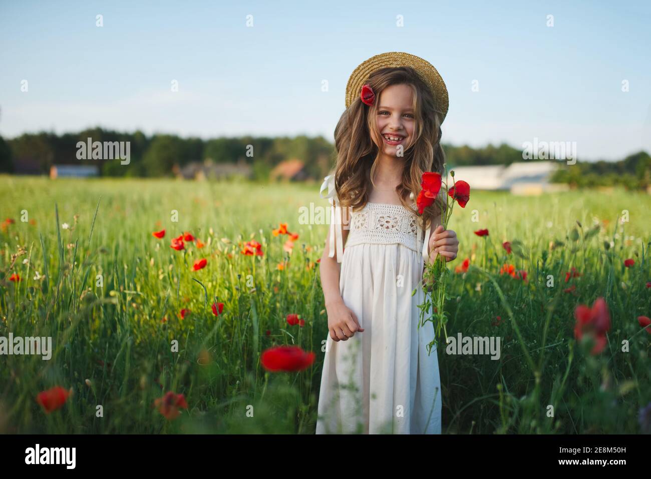 cute little girl in meadow with red poppies Stock Photo - Alamy