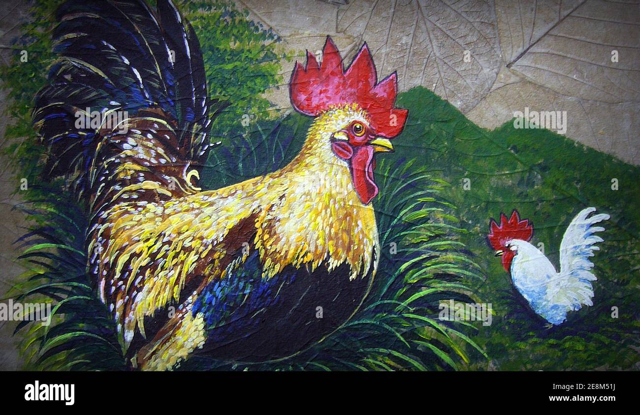 Art painting oil color , chicken, cock, hen,chick , paint brushes ...
