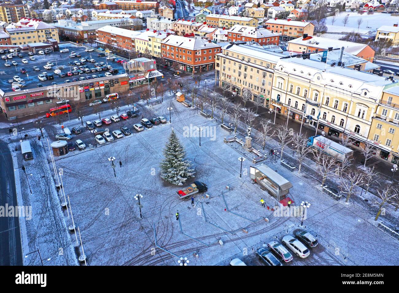 Aerial view of a Christmas tree at Stora Torget in Motala, Sweden, on a ...